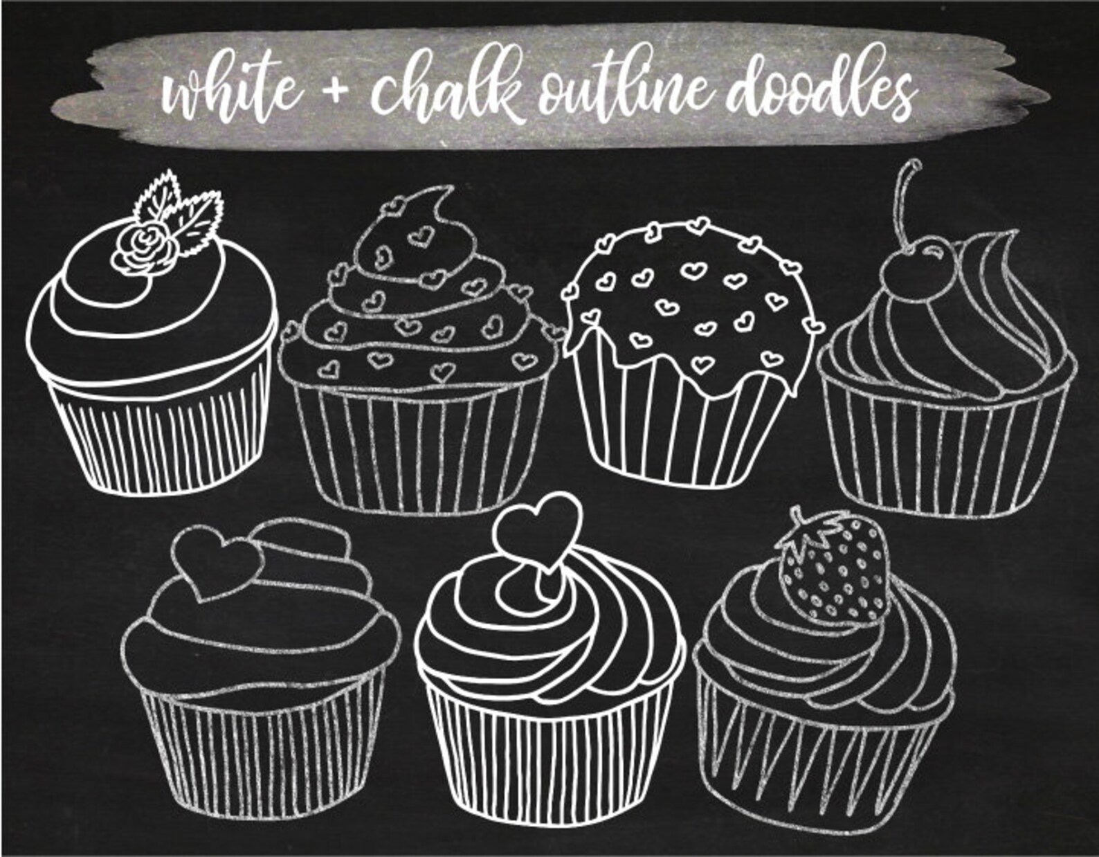 Chalkboard Cupcake Clipart. Hand Drawn White Cupcake Outlines. | Etsy