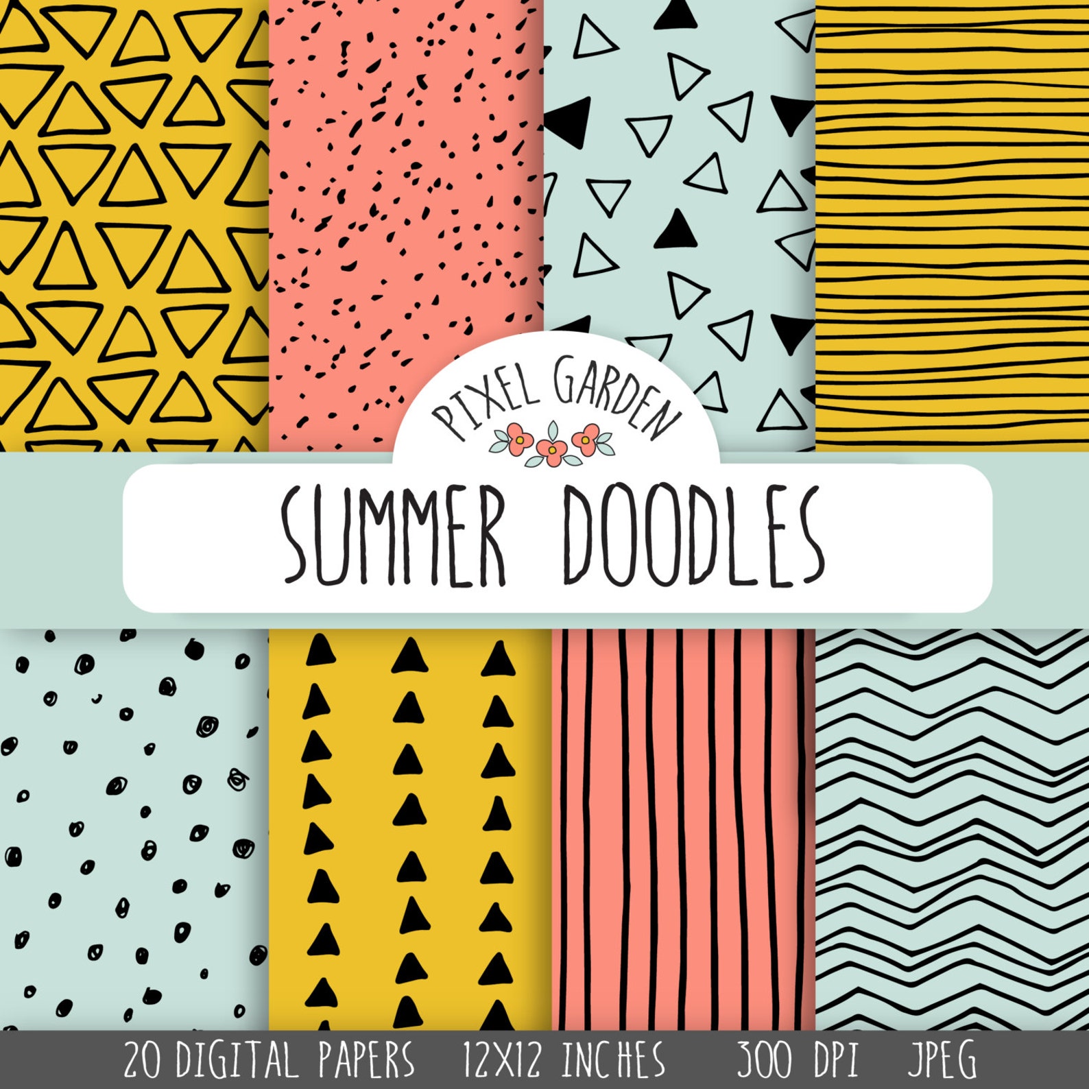 Mint Doodle Digital Papers. Hand Drawn Coral and Mint - Etsy