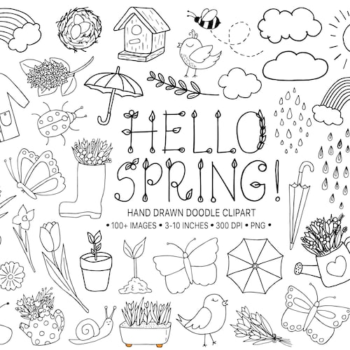Black & White Spring Clipart. Hand Drawn Floral Clip Art. - Etsy