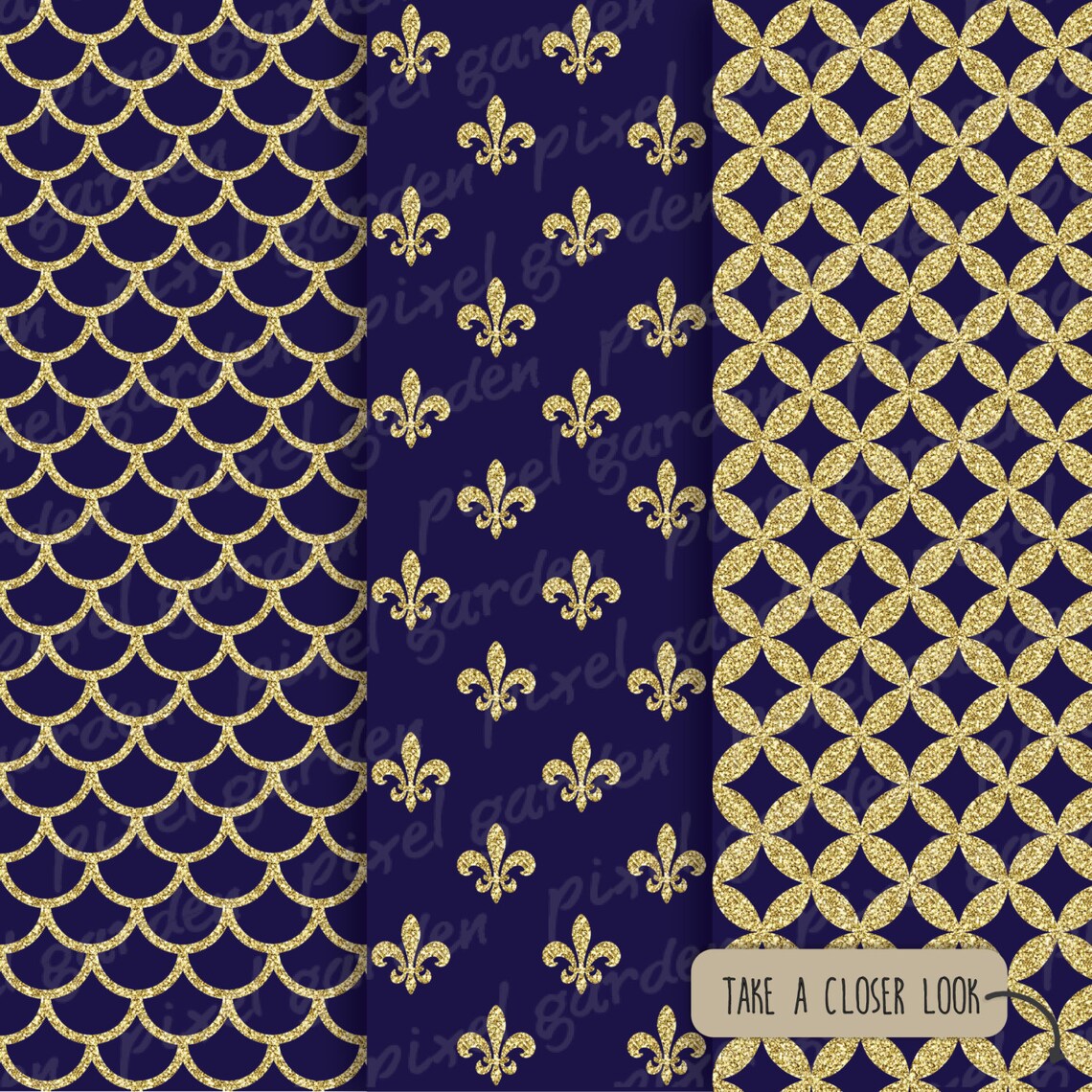 Navy and Gold Glitter Digital Paper Pack. Quatrefoil, Polka Dot ...