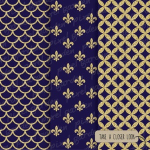 Navy and Gold Glitter Digital Paper Pack. Quatrefoil, Polka Dot ...