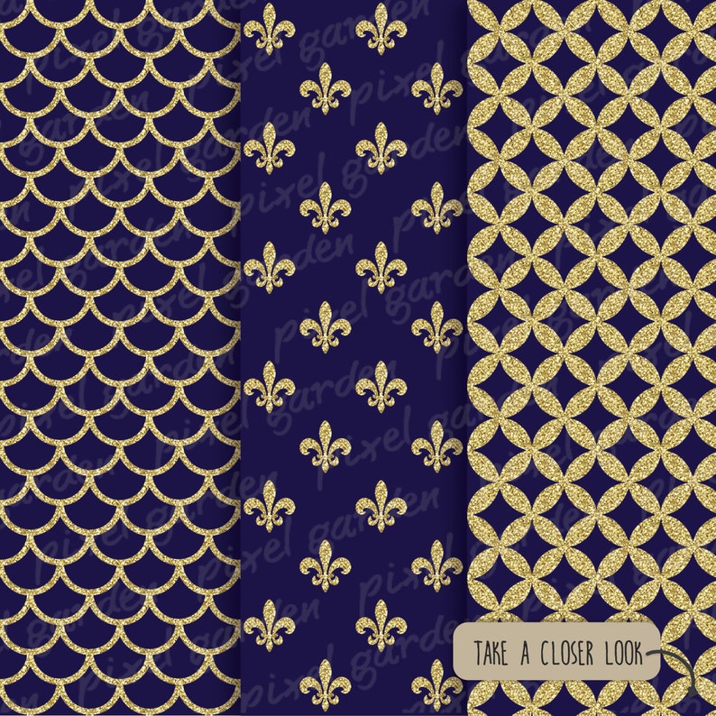 Navy and Gold Glitter Digital Paper Pack. Quatrefoil Polka | Etsy