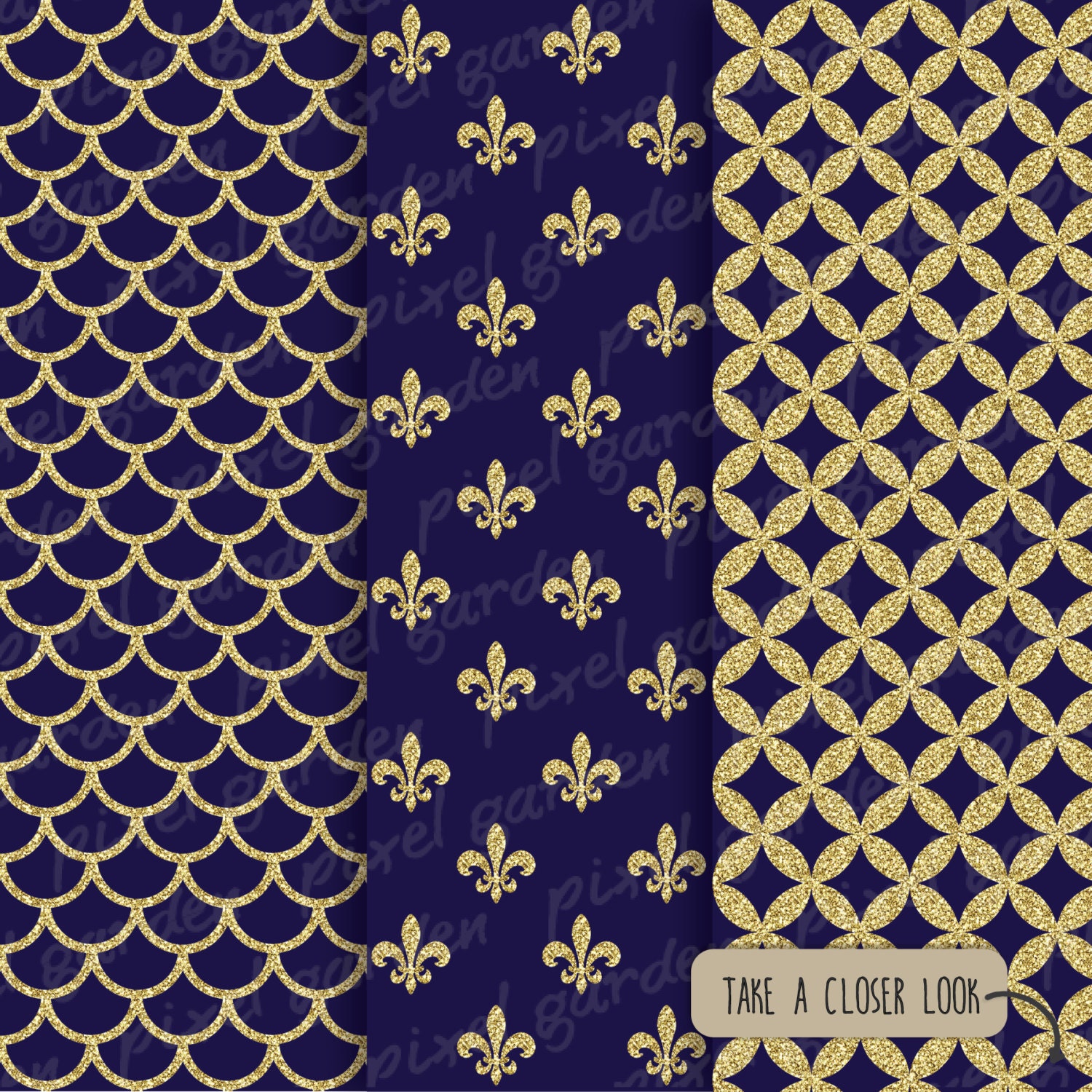 Navy and Gold Glitter Digital Paper Pack. Quatrefoil Polka | Etsy