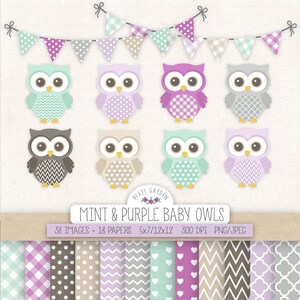 Owl Clipart. Baby Shower, Nursery Clip Art & Digital Paper. Mint ...