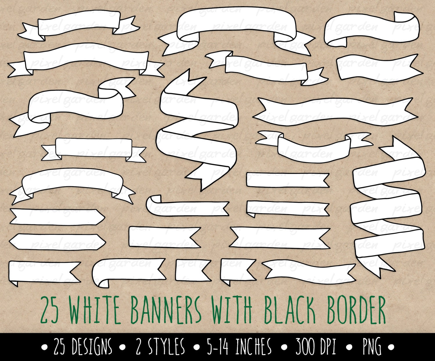 Hand Drawn Banners Clip Art. Doodle Ribbon Banners. White - Etsy