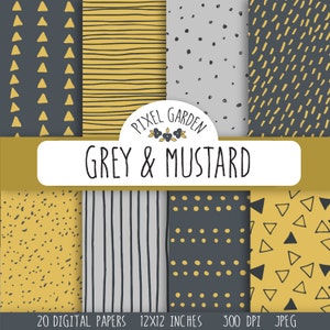 Hand Drawn Digital Papers. Mustard and Grey Doodle Scrapbooking Papers ...