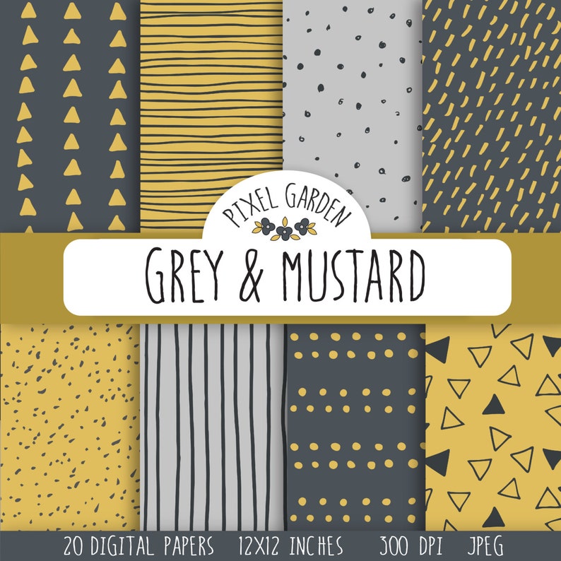 Hand Drawn Digital Papers. Mustard and Grey Doodle | Etsy