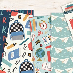 School Boy Digital Paper. Stationery, Backpack, Book, Notebook, Washi ...