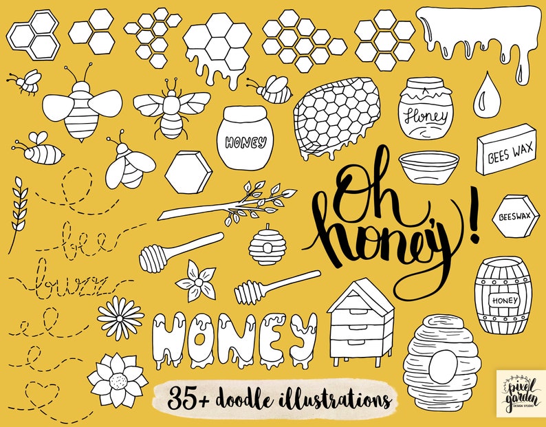 Bee Clipart. Hand Drawn Honey Hive Clip Art. Doodle Bee | Etsy