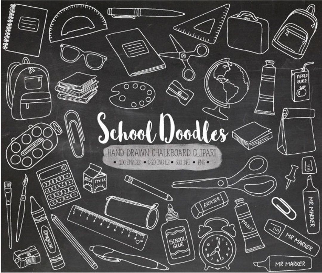 Chalkboard School Clipart. Hand Drawn Chalk Texture School Supplies ...
