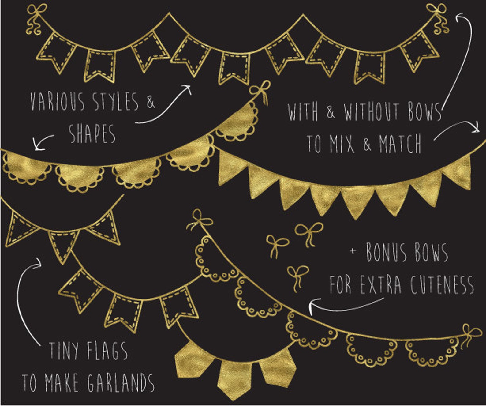 Gold Bunting Banner Clip Art. Gold Glitter Party Garland. Hand | Etsy