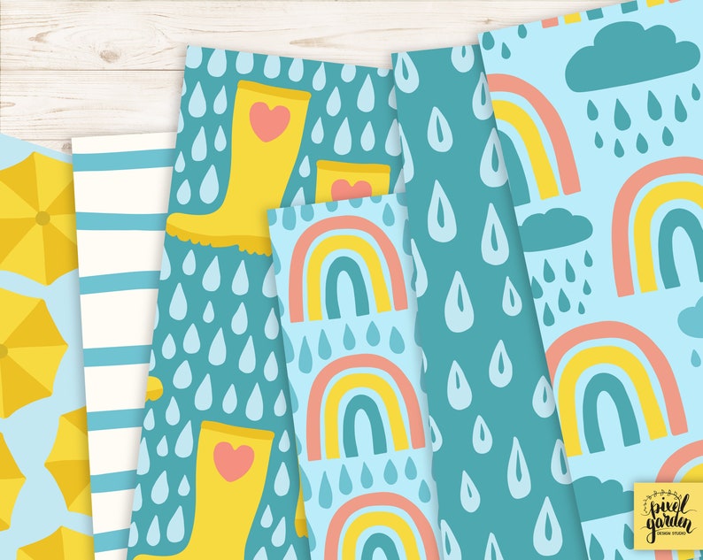 Rainbow Digital Paper. Rain, Umbrella, Could Patterns. Umbrellas & Rain ...