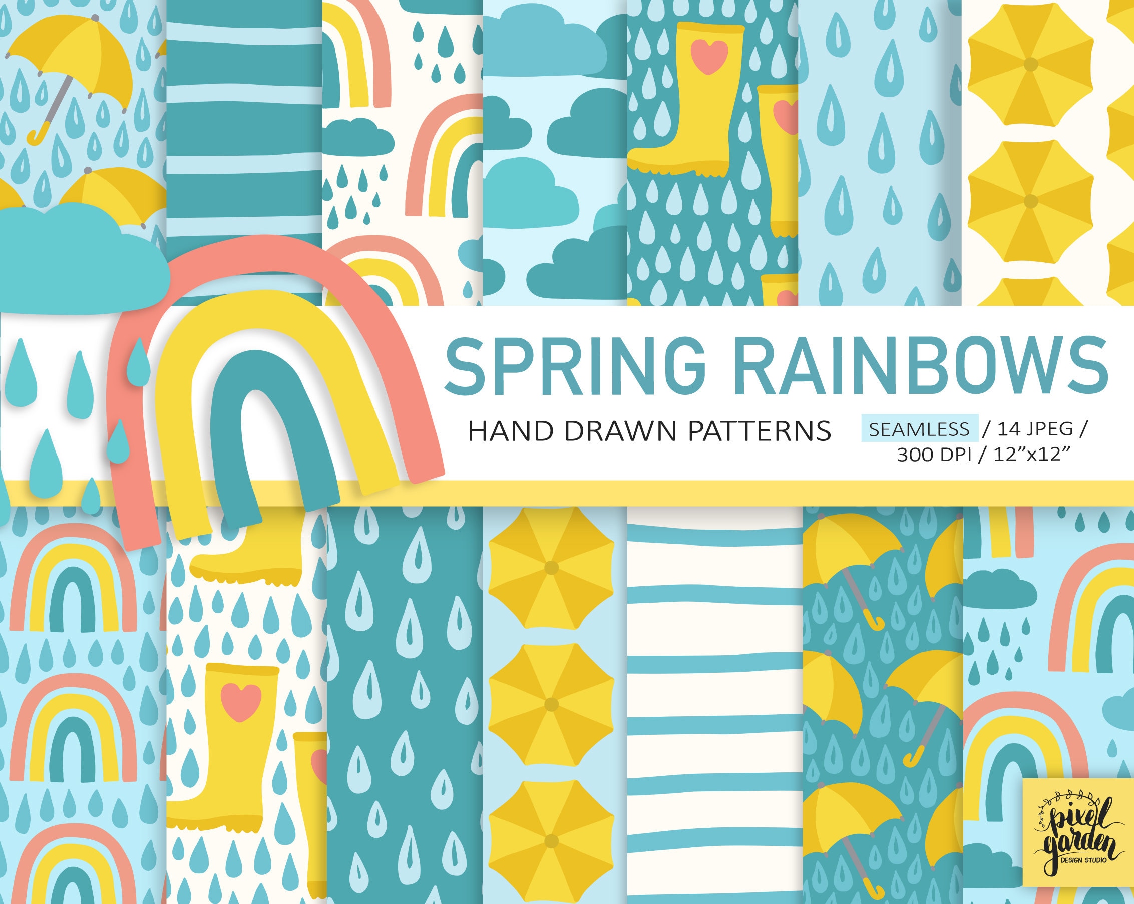 Rainbow Digital Paper. Rain, Umbrella, Could Patterns. Umbrellas & Rain ...