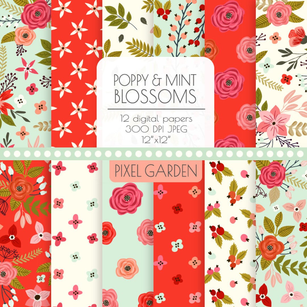 Mint Floral Digital Paper. Red, Mint, Ivory Peony, Rose Blossom ...