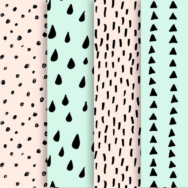 Hand Drawn Mint and Pink Doodle Digital Papers. Mint Geometric | Etsy