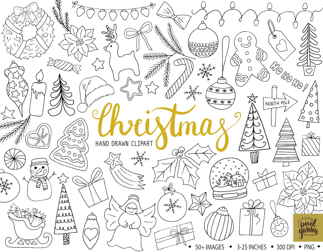 Doodle Christmas Clipart. Black & White Winter, Christmas Tree ...