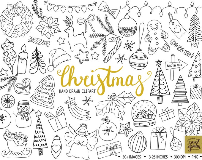 Doodle Christmas Clipart. Black & White Winter, Christmas Tree ...