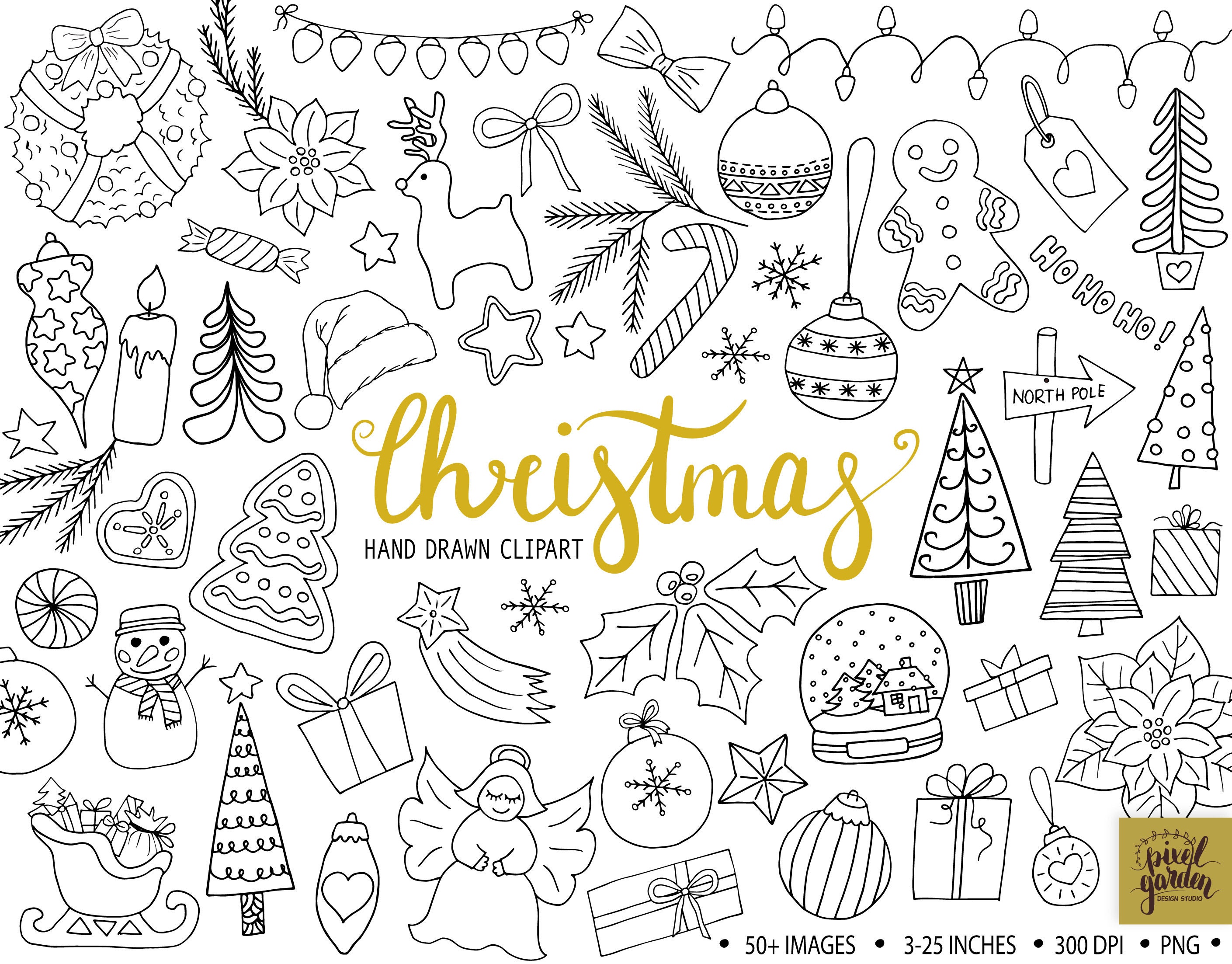 Doodle Christmas Clipart. Black & White Winter Christmas Tree - Etsy
