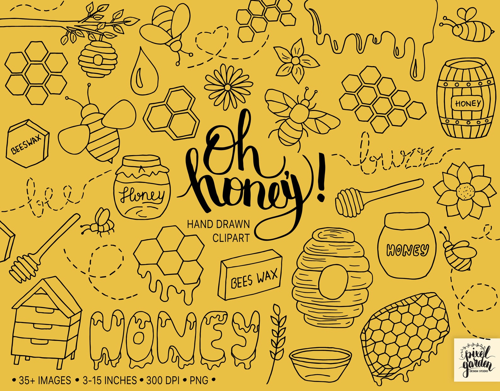 Bee Clipart. Hand Drawn Honey Hive Clip Art. Doodle Bee | Etsy