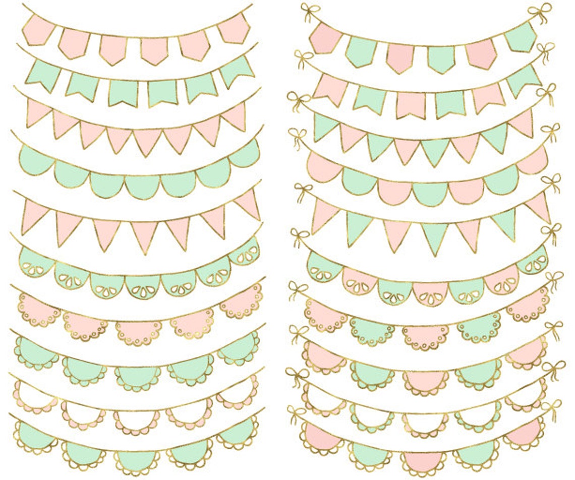 Gold Bunting Banner Clip Art. Mint & Pink Bunting Clipart. | Etsy