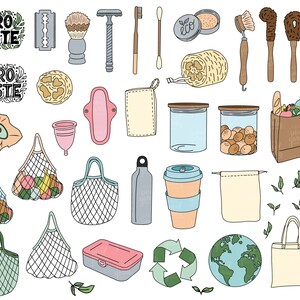 Zero Waste Clip Art. Hand Drawn Eco Friendly Clipart. Doodle Green ...
