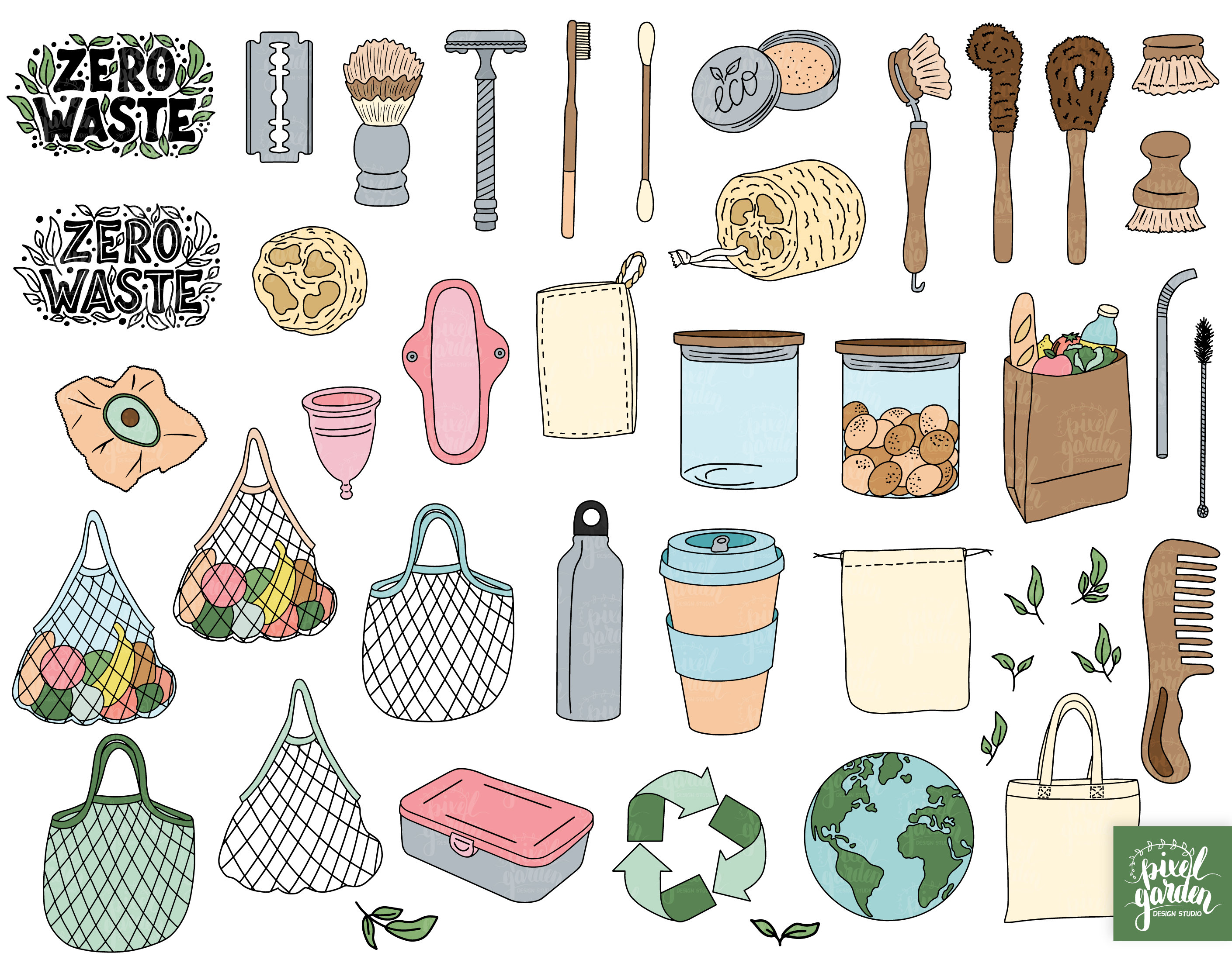 Zero Waste Clip Art. Hand Drawn Eco Friendly Clipart. Doodle Green ...
