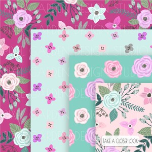 Tropical Floral Digital Paper. Pink & Teal Cottage Chic Scrapbook Paper ...