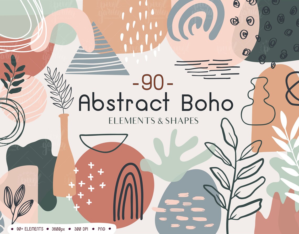 Abstract Boho Shapes Clip Art. Organic Abstract Collage Element Clipart. Mint, Pink Geometric ...
