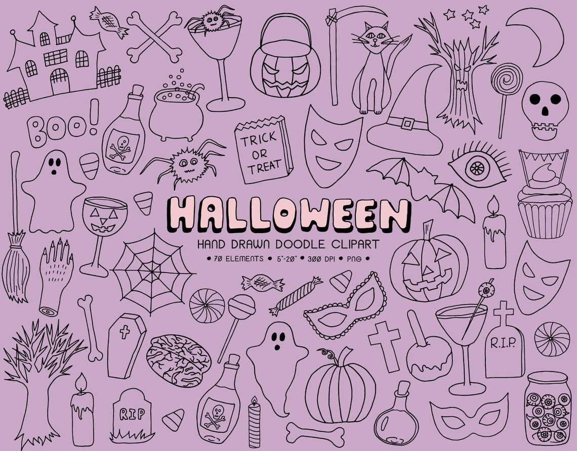 Black and White Halloween Clip Art. Hand Drawn Doodle - Etsy