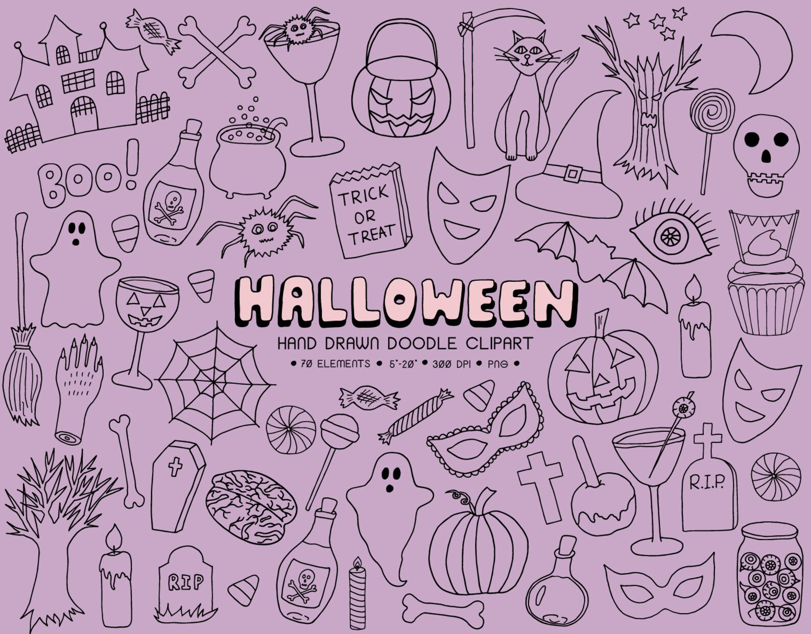 Black and White Halloween Clip Art. Hand Drawn Doodle - Etsy