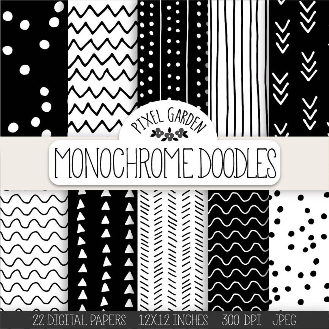 Doodle Digital Paper. Monochrome Geometric Chevron Polka Dot - Etsy