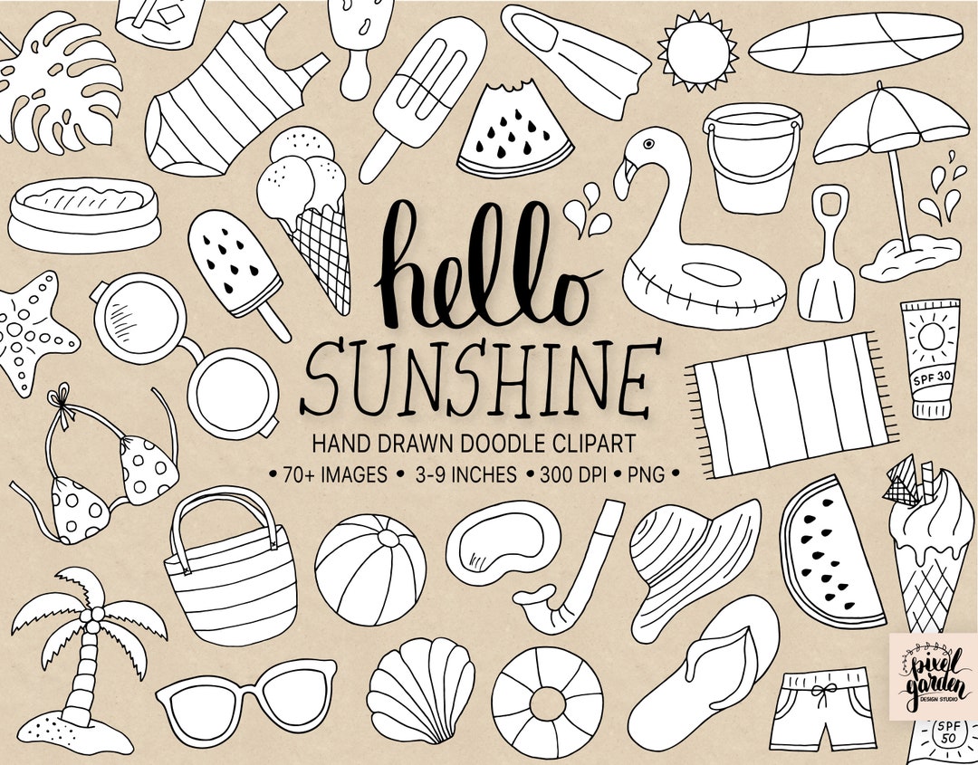 Black & White Summer Clipart. Hand Drawn Beach, Vacation, Holiday Clip ...