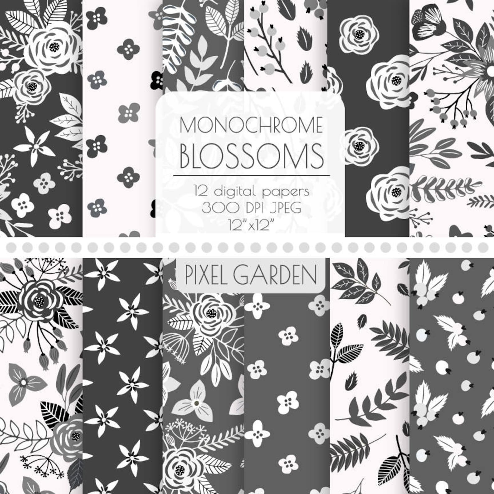 Black & White Floral Digital Paper. Monochrome Rose Peony | Etsy