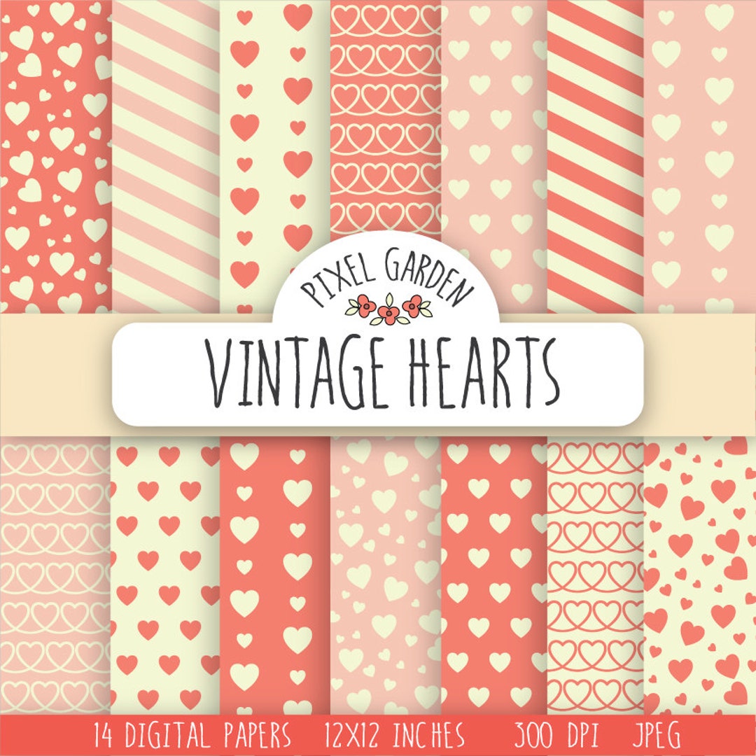 Retro Hearts Digital Paper. Vintage Valentine's Day Scrapbook Paper ...