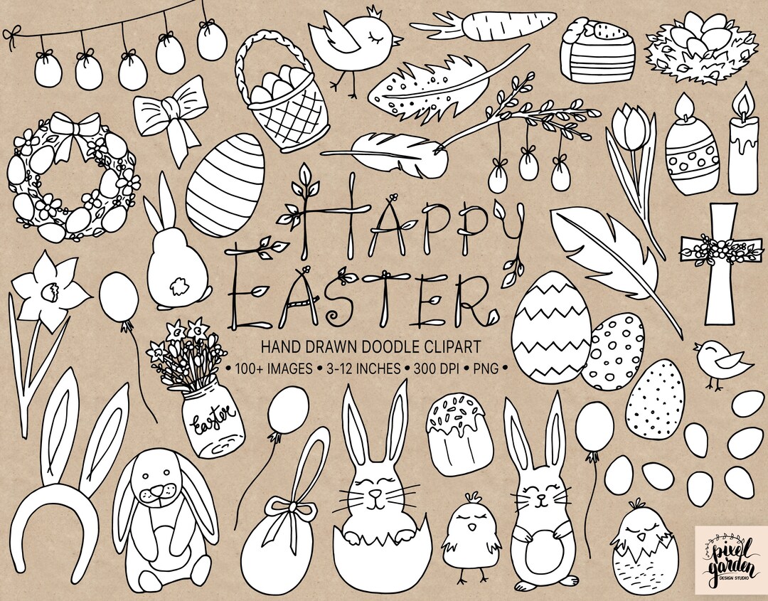 Easter Clipart. Hand Drawn Easter Egg Clip Art. Black & White Spring ...