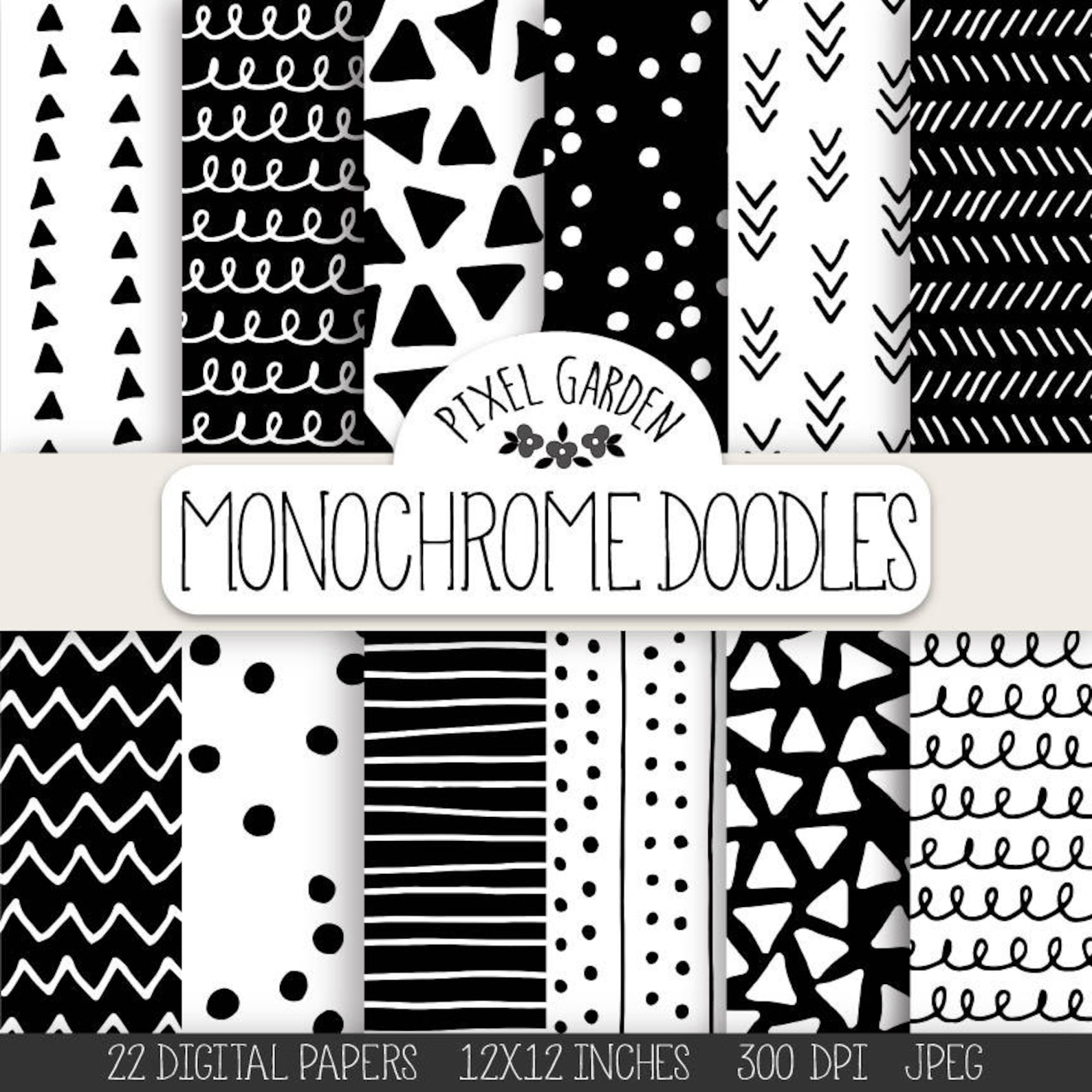 Doodle Digital Paper. Monochrome Geometric Chevron Polka Dot - Etsy