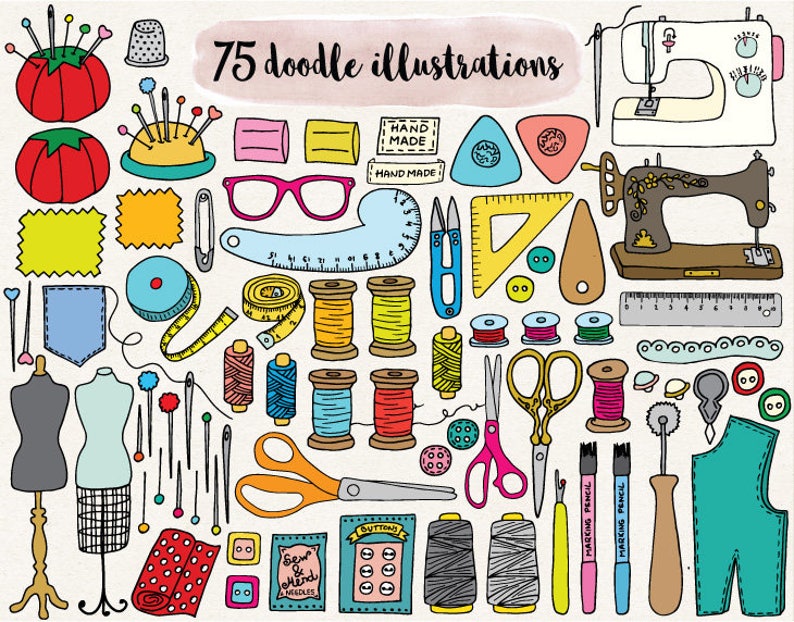 Doodle Sewing Clipart. Hand Drawn Dressmaking, Tailor's Clip Art ...