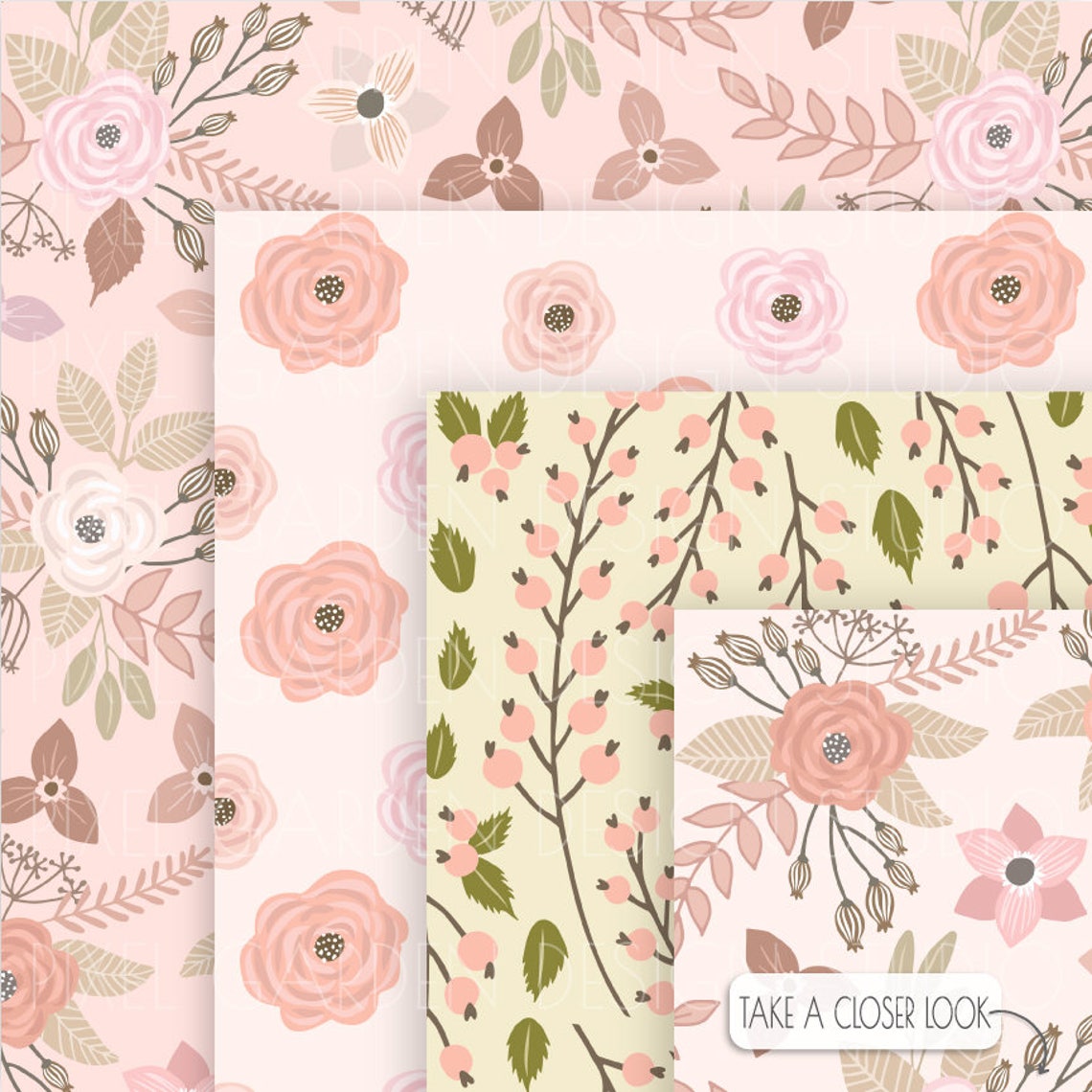 Soft Pink Floral Digital Paper. Cottage Chic Scrapbooking | Etsy