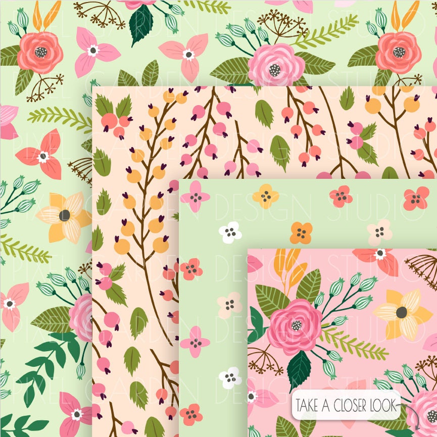 Bright Floral Digital Paper. Pink, Mint, Peach Cottage Chic ...