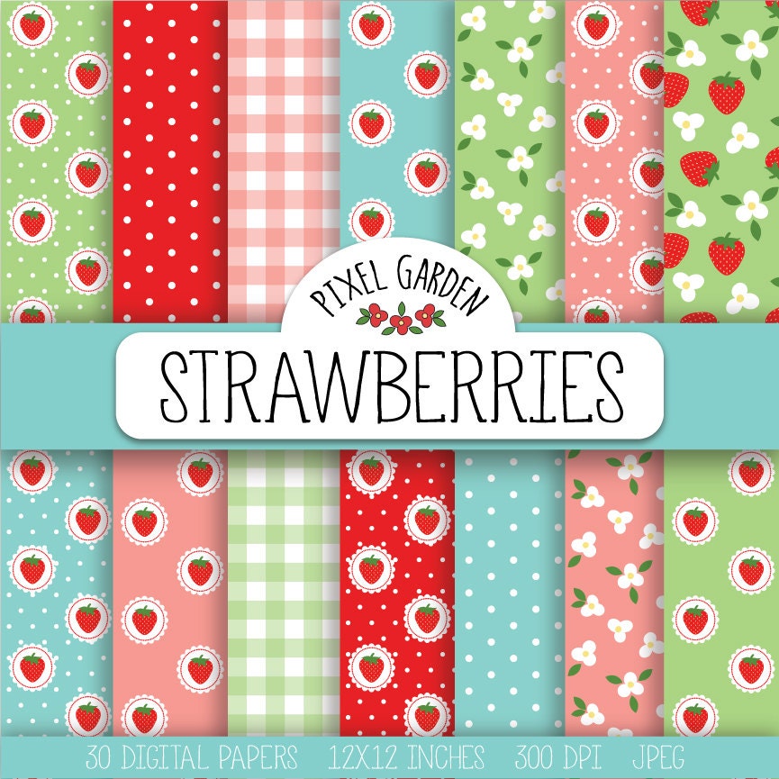 Strawberry Digital Paper. Cottage Chic Scrapbook Paper. Shabby | Etsy