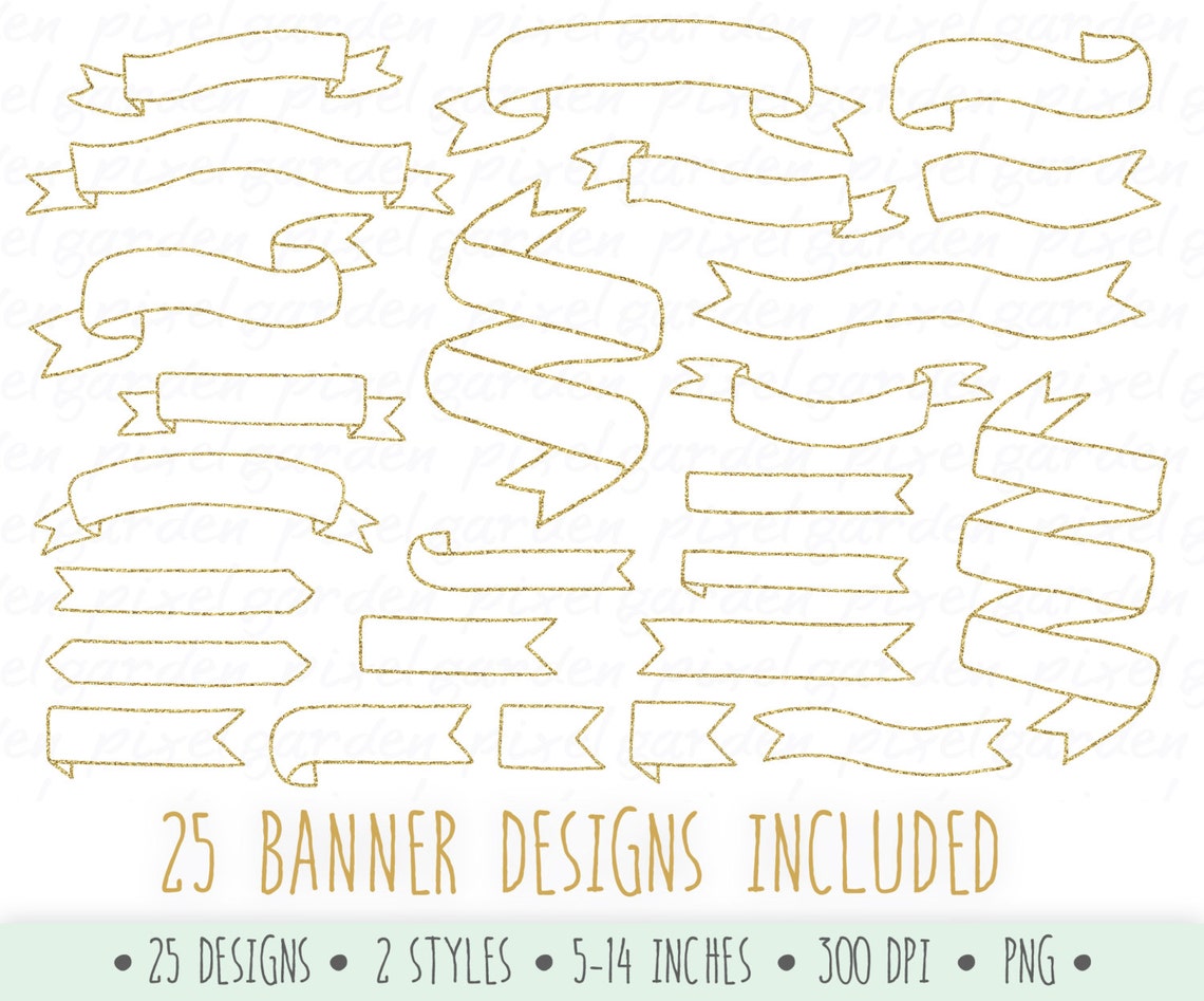 Gold Glitter Banners Clip Art. Hand Drawn Ribbon Banners. - Etsy