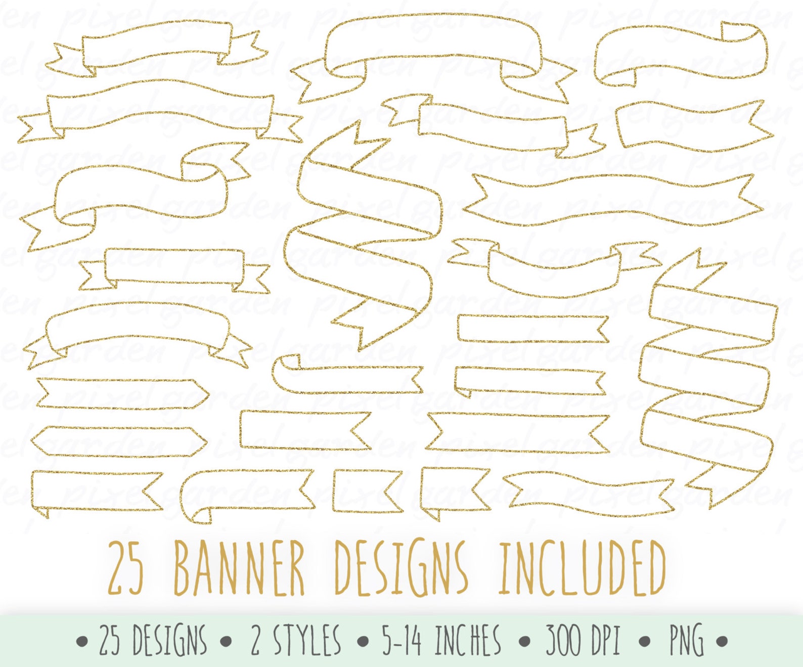 Gold Glitter Banners Clip Art. Hand Drawn Ribbon Banners. | Etsy