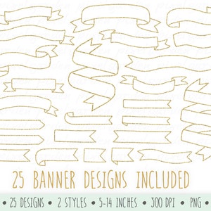 Gold Glitter Banners Clip Art. Hand Drawn Ribbon Banners. Doodle ...