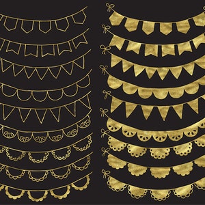 Gold Bunting Banner Clip Art. Gold Glitter Party Garland. Hand Drawn ...