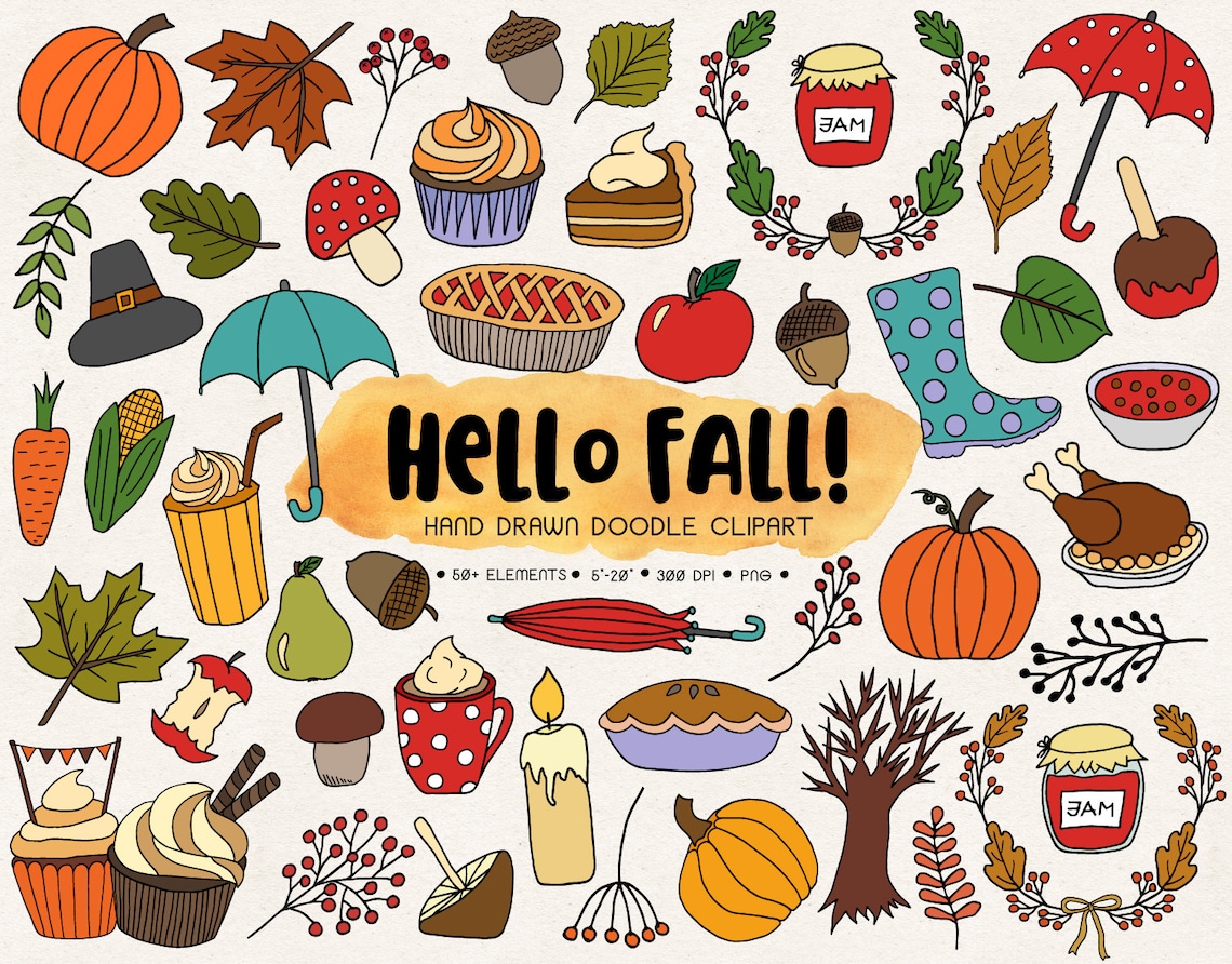 Hand Drawn Fall Clip Art. Doodle Autumn Clip Art. Thanksgiving - Etsy