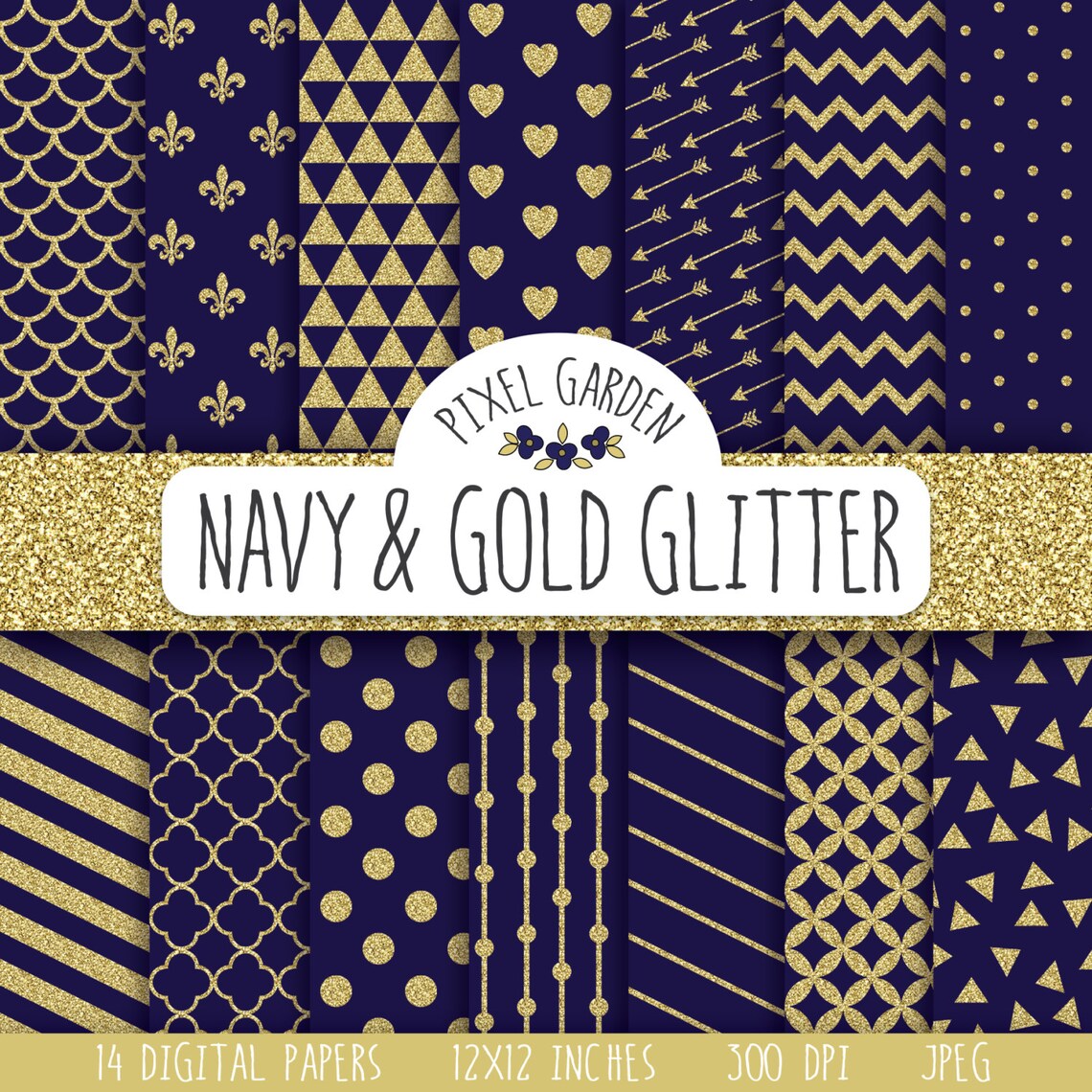 Navy and Gold Glitter Digital Paper Pack. Quatrefoil Polka | Etsy