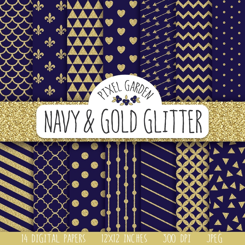 Navy and Gold Glitter Digital Paper Pack. Quatrefoil, Polka Dot ...