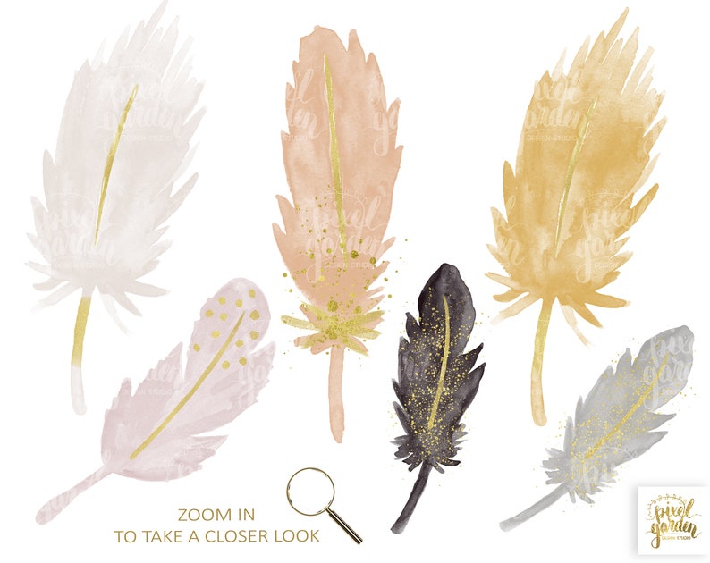 Watercolor Feathers Clipart. Pastel Boho Clip Art. Gold Dipped | Etsy