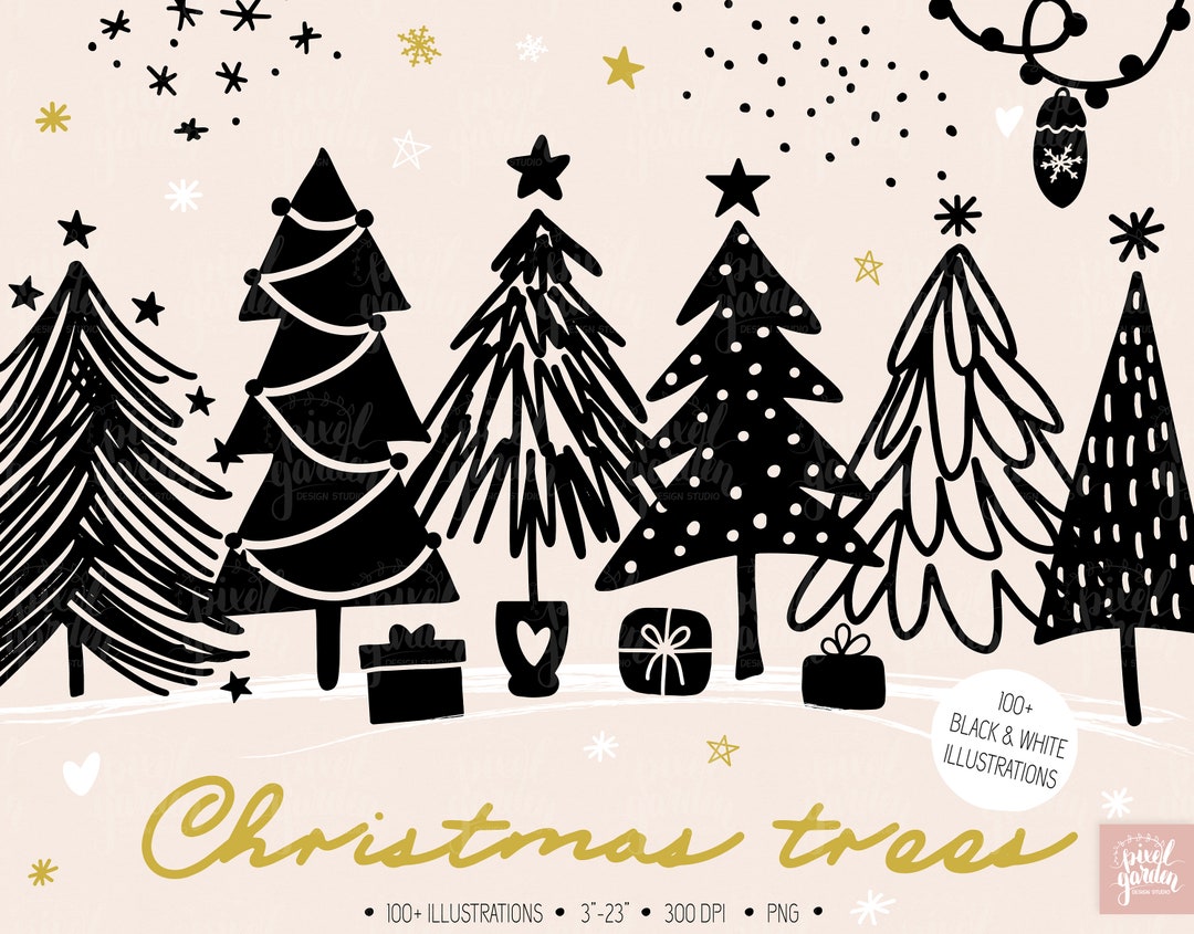 Black & White Christmas Tree Clipart. Hand Drawn Minimalist ...