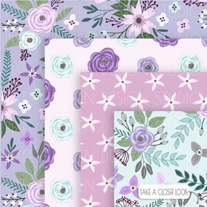 Lavender Floral Digital Paper. Purple, Mint, Violet Shabby Cottage Chic ...